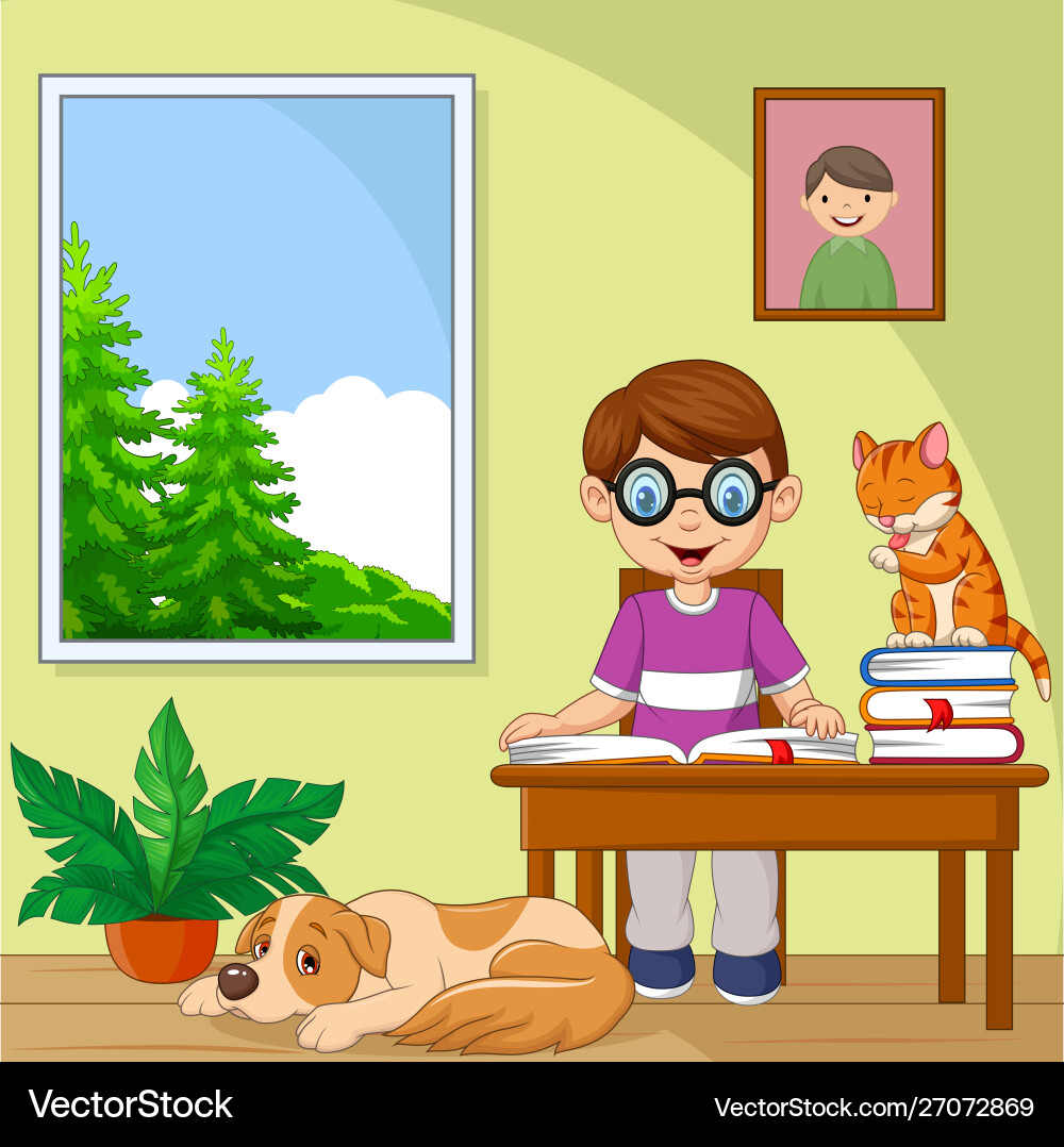 Cartoon little boy studying in room Royalty Free Vector
