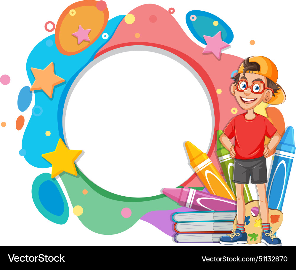 Cheerful student with books and creative frame Vector Image
