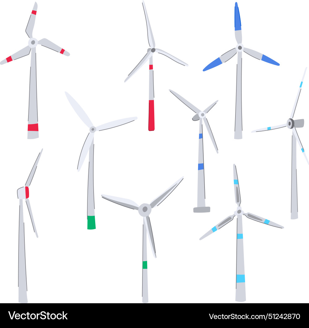 Wind turbine set cartoon Royalty Free Vector Image