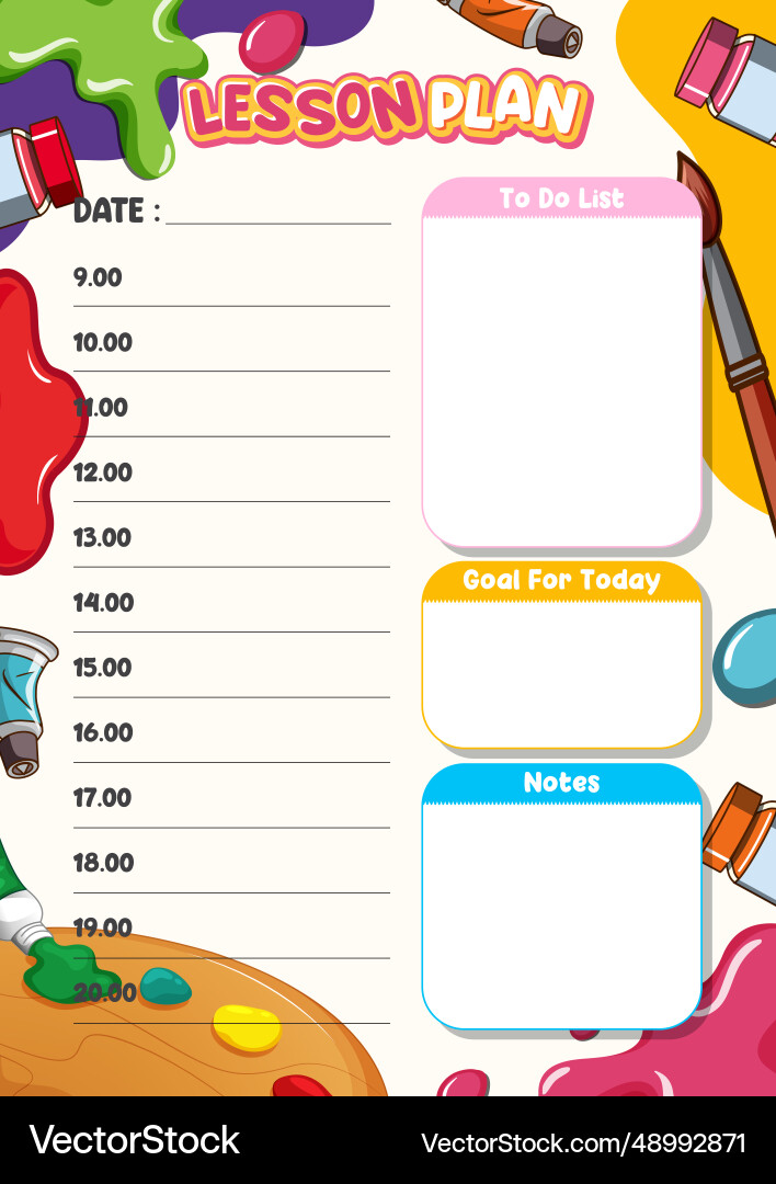 Colorful art theme daily lesson plan template Vector Image