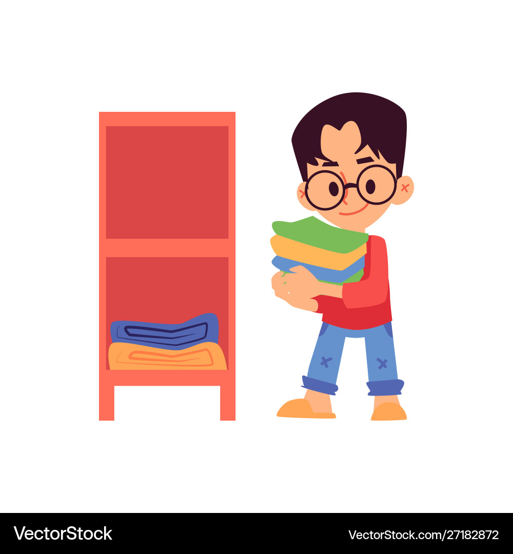 Cartoon boy putting folded clothes in shelf Vector Image