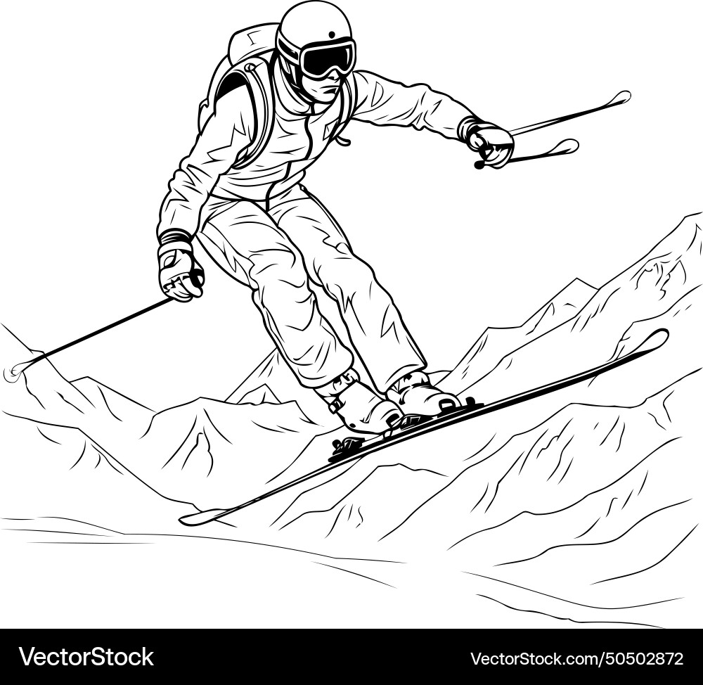 Skier skiing downhill in mountains sketch Vector Image