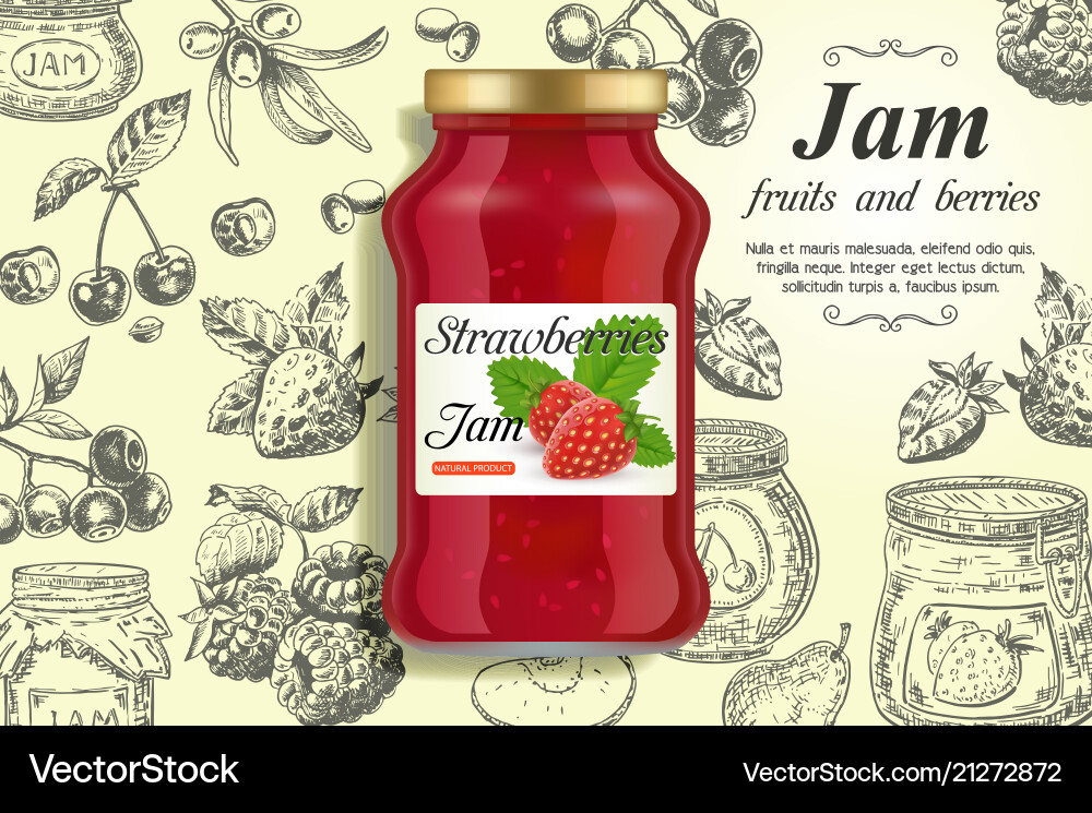 Strawberry jam ads design template Royalty Free Vector Image