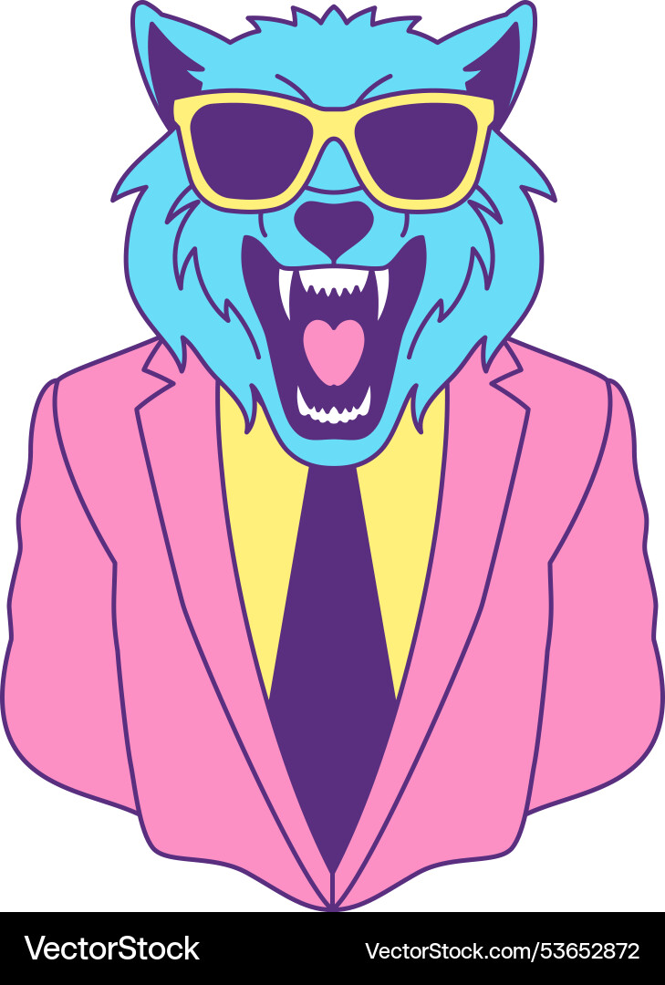 Y2k Psychedelic roaring wolf businessman Vektorbild