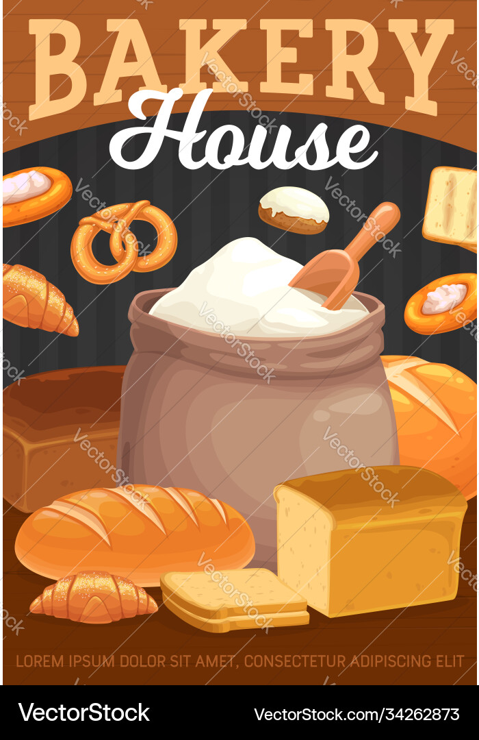 Bakery bread pastry and flour bag poster Vector Image