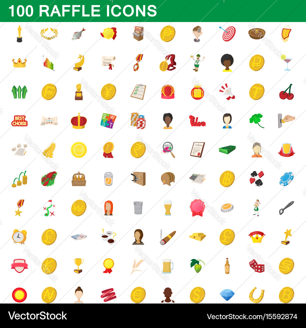 100 raffle icons set cartoon style Royalty Free Vector Image