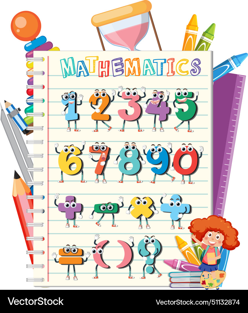 Animated numbers and teacher on a notebook Vector Image