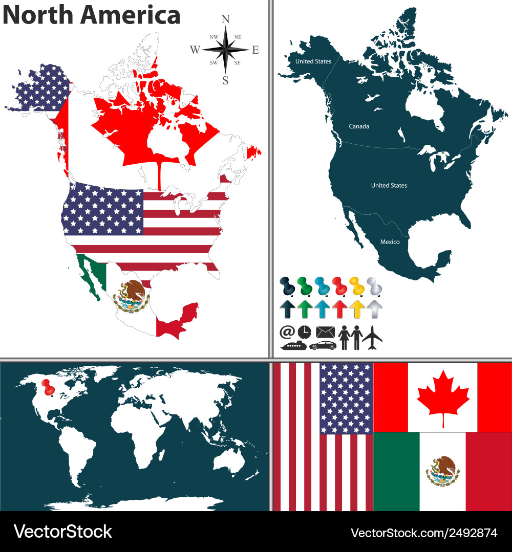 North america map with regions and flags Vector Image