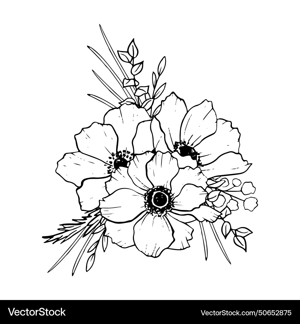 Black white line flowers bouquet with eucalyptus Vector Image
