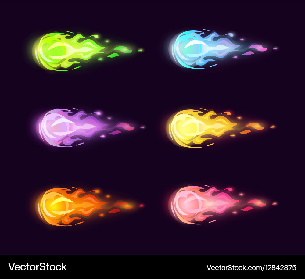 Colorful cartoon flying fireballs set Royalty Free Vector