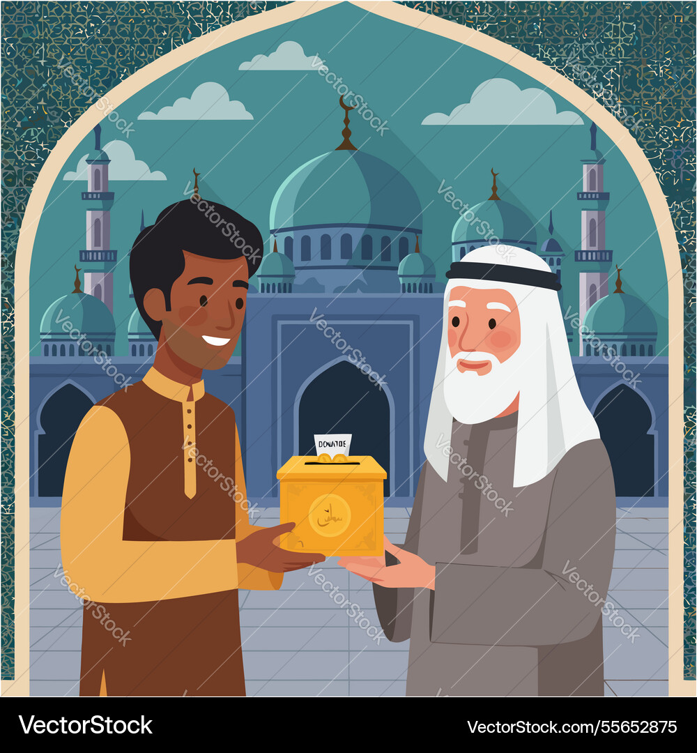 Giving donation box with mosque backdrop showing Vector Image