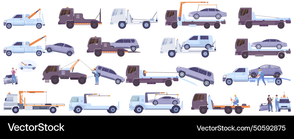 Tow truck flat set Royalty Free Vector Image - VectorStock