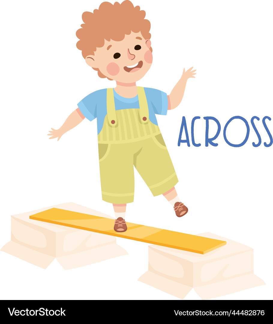 Little boy walking across cardboard box along Vector Image