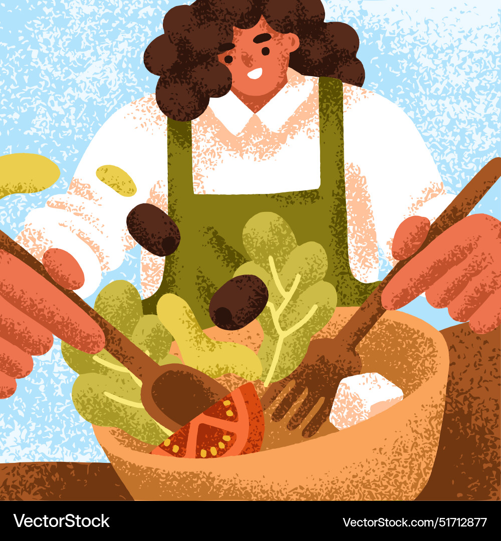 Cooking vegetable salad happy woman during Vector Image
