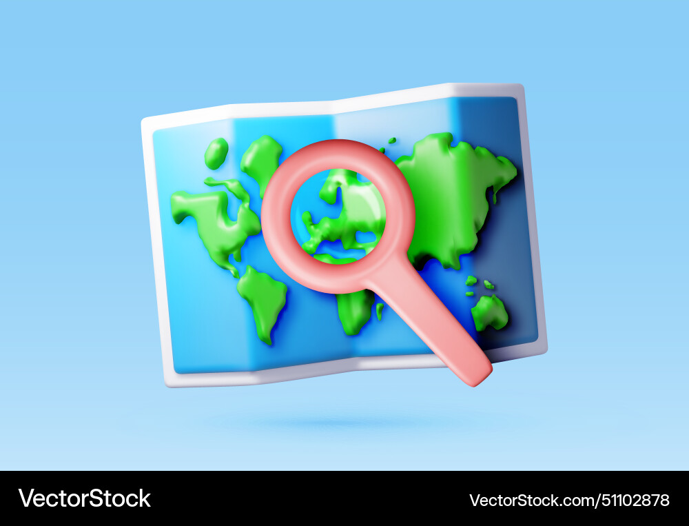 3d location folded paper map with magnifying glass