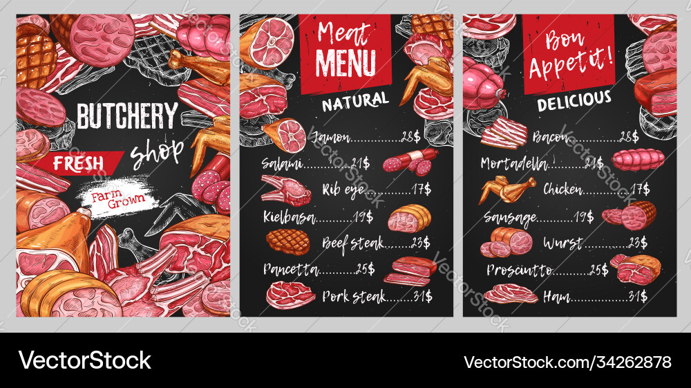 Butcher shop meat menu cover template Royalty Free Vector