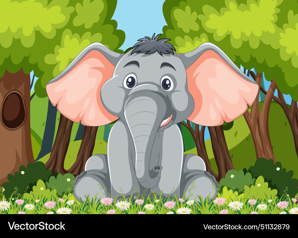 Cheerful cartoon elephant sitting among trees Vector Image