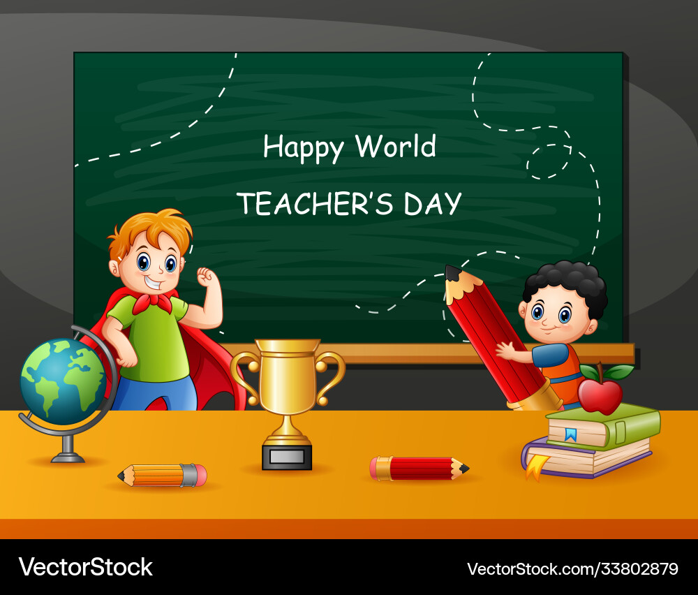 Happy teachers day text on chalkboard with kids i Vector Image