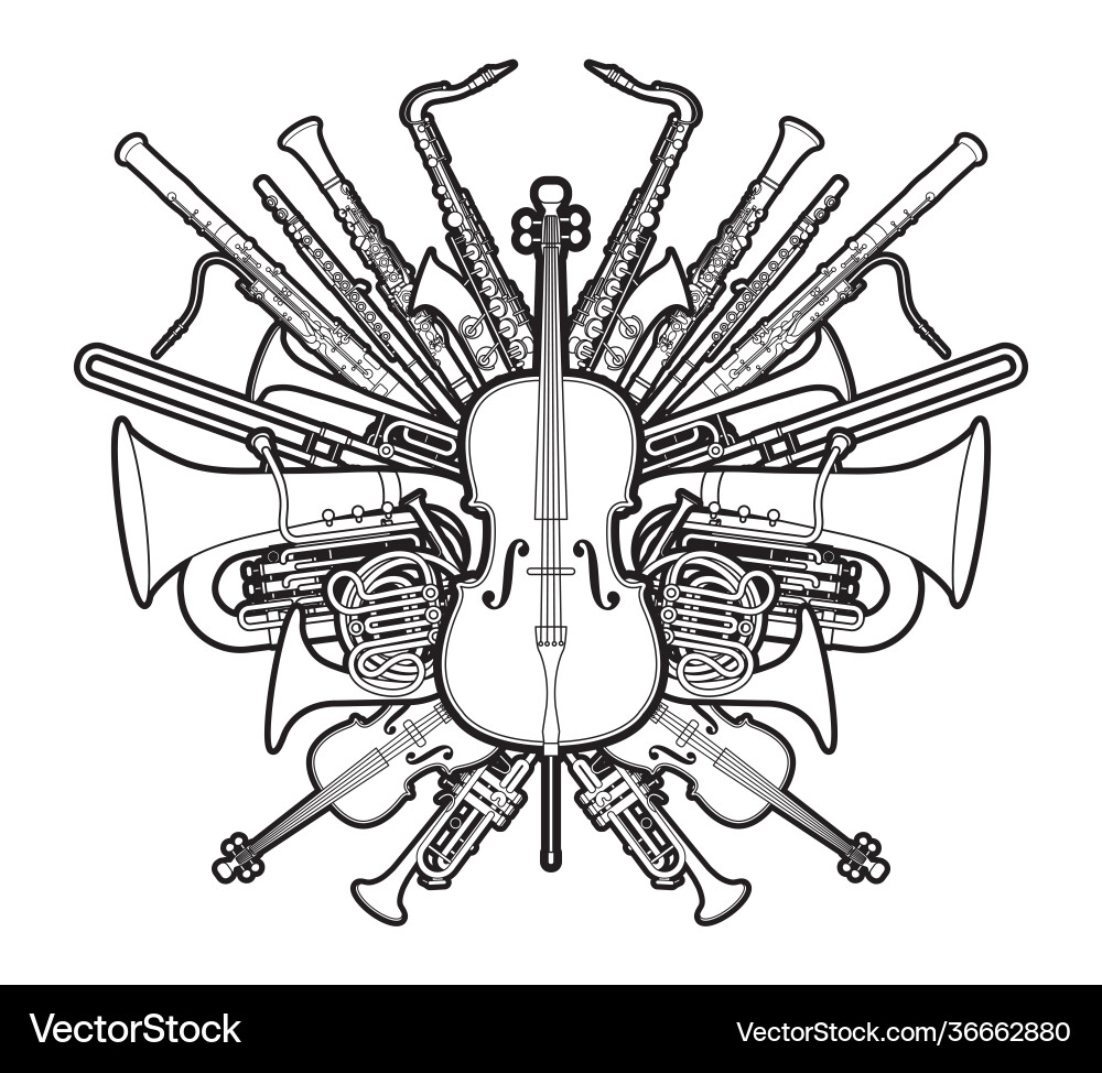 Orchestra Instruments Cartoon Outline Royalty Free Vector