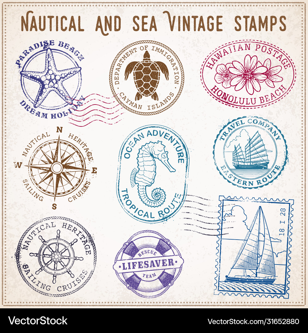 Sea journey vintage stamps Royalty Free Vector Image