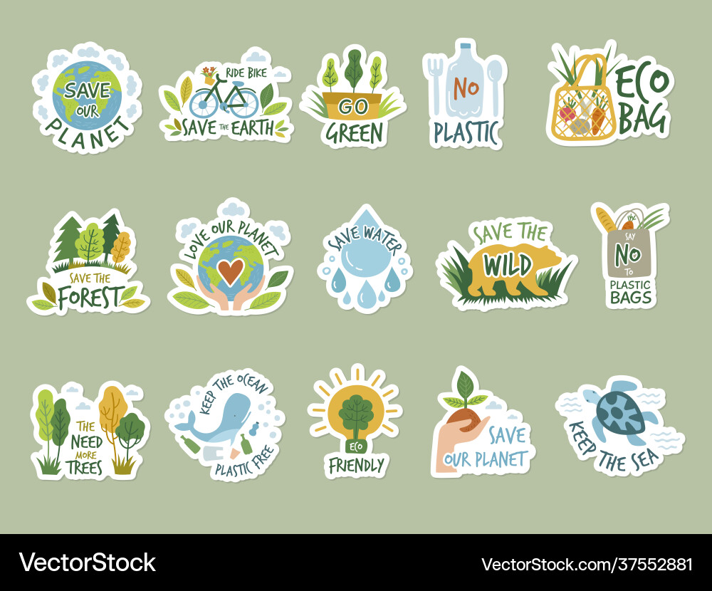 Ecology stickers save green earth planet clean Vector Image