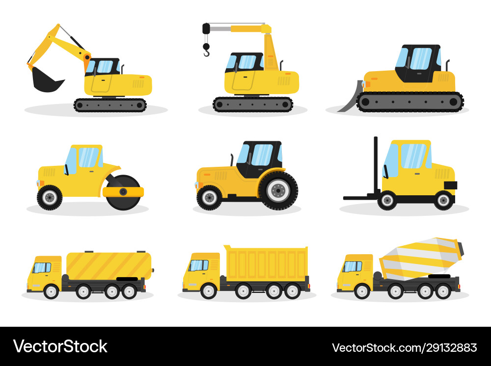 Heavy machinery flat set Royalty Free Vector Image