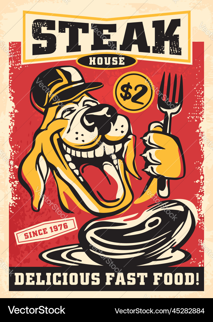 Happy dog eating delicious steak Royalty Free Vector Image
