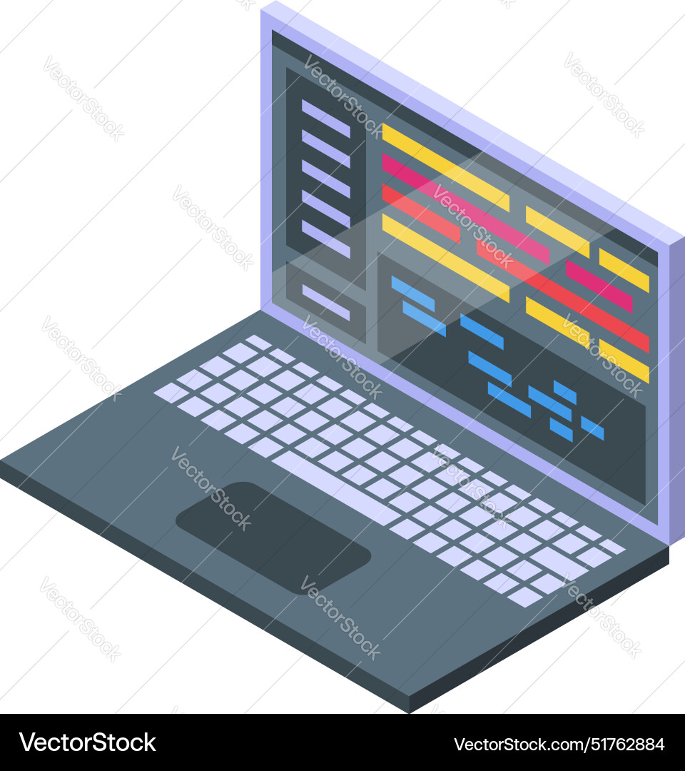 Laptop showing code on screen in isometric view Vector Image