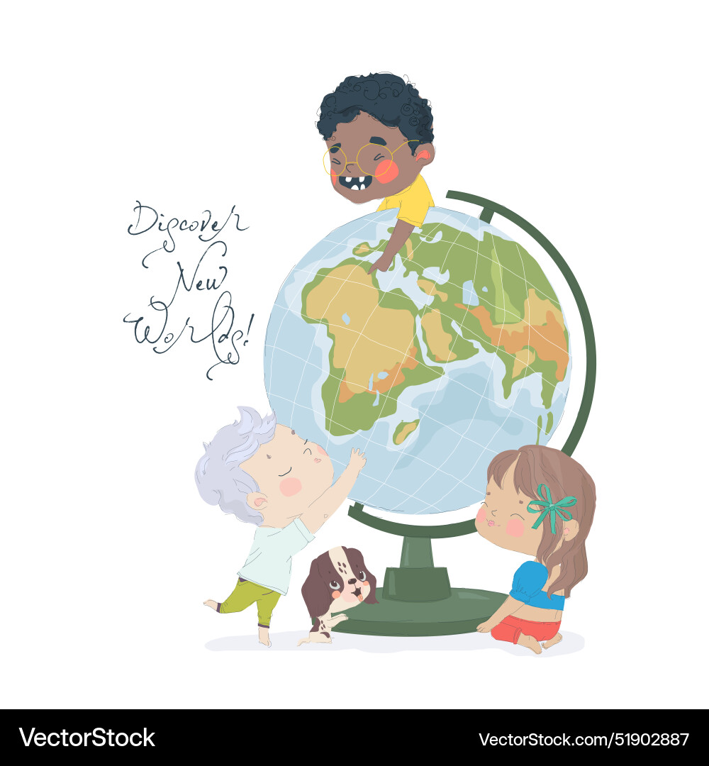 Cartoon happy children looking at the globe Vector Image