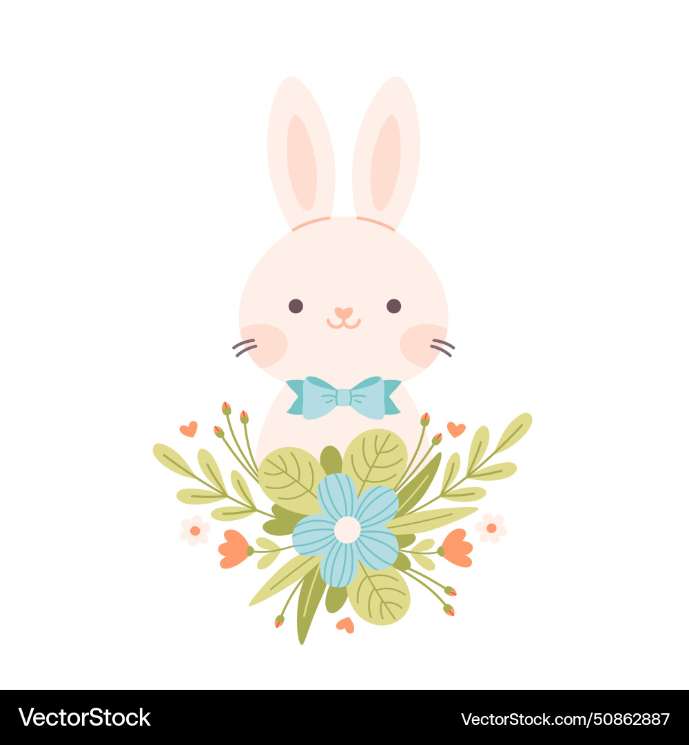 Cute white bunny with floral bouquet easter Vector Image