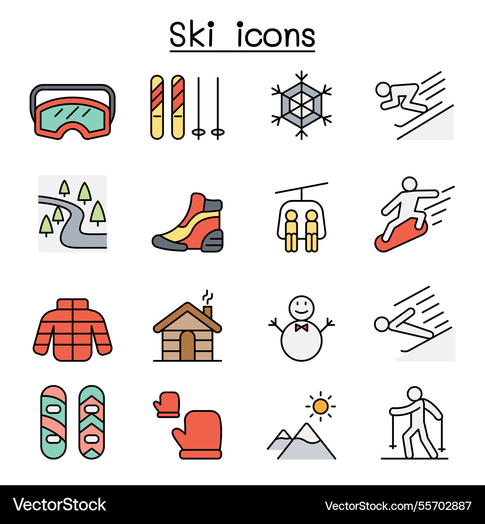 Ski icon set in flat color style Royalty Free Vector Image