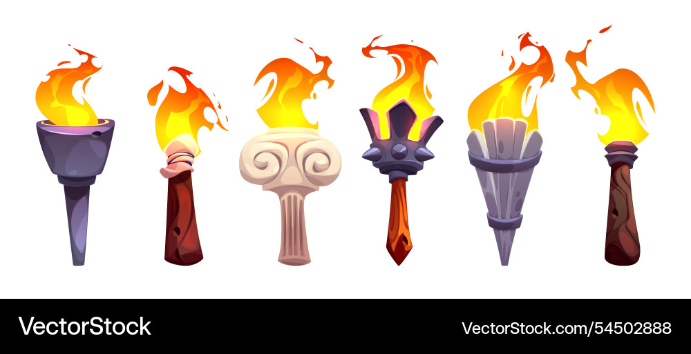 Medieval torch flame ancient fire stick cartoon Vector Image