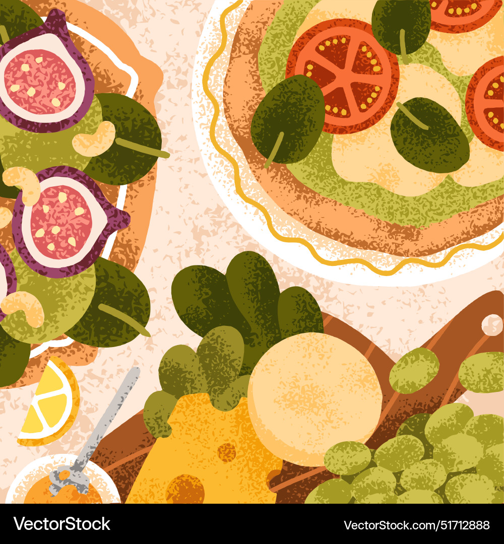 Pizza cheese plate fruit salad table serving Vector Image