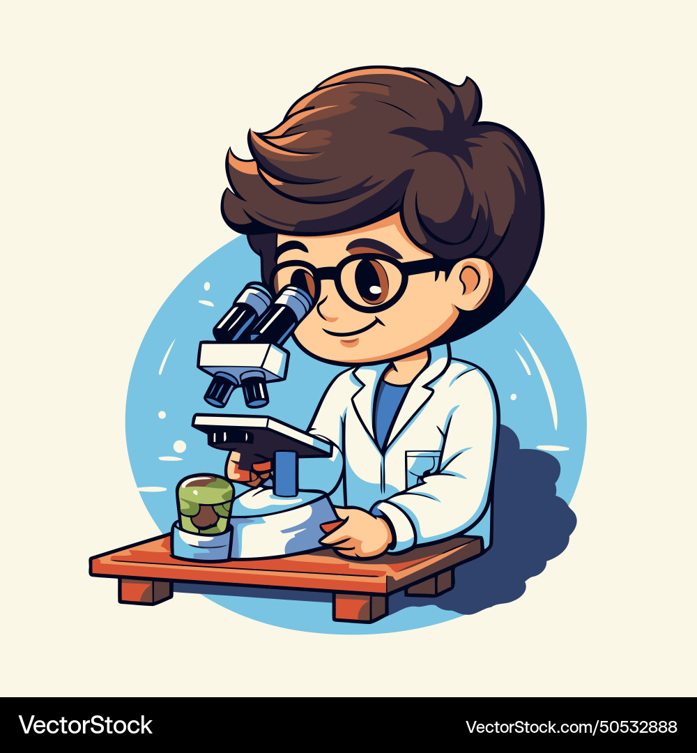 Scientist boy looking through microscope Vector Image