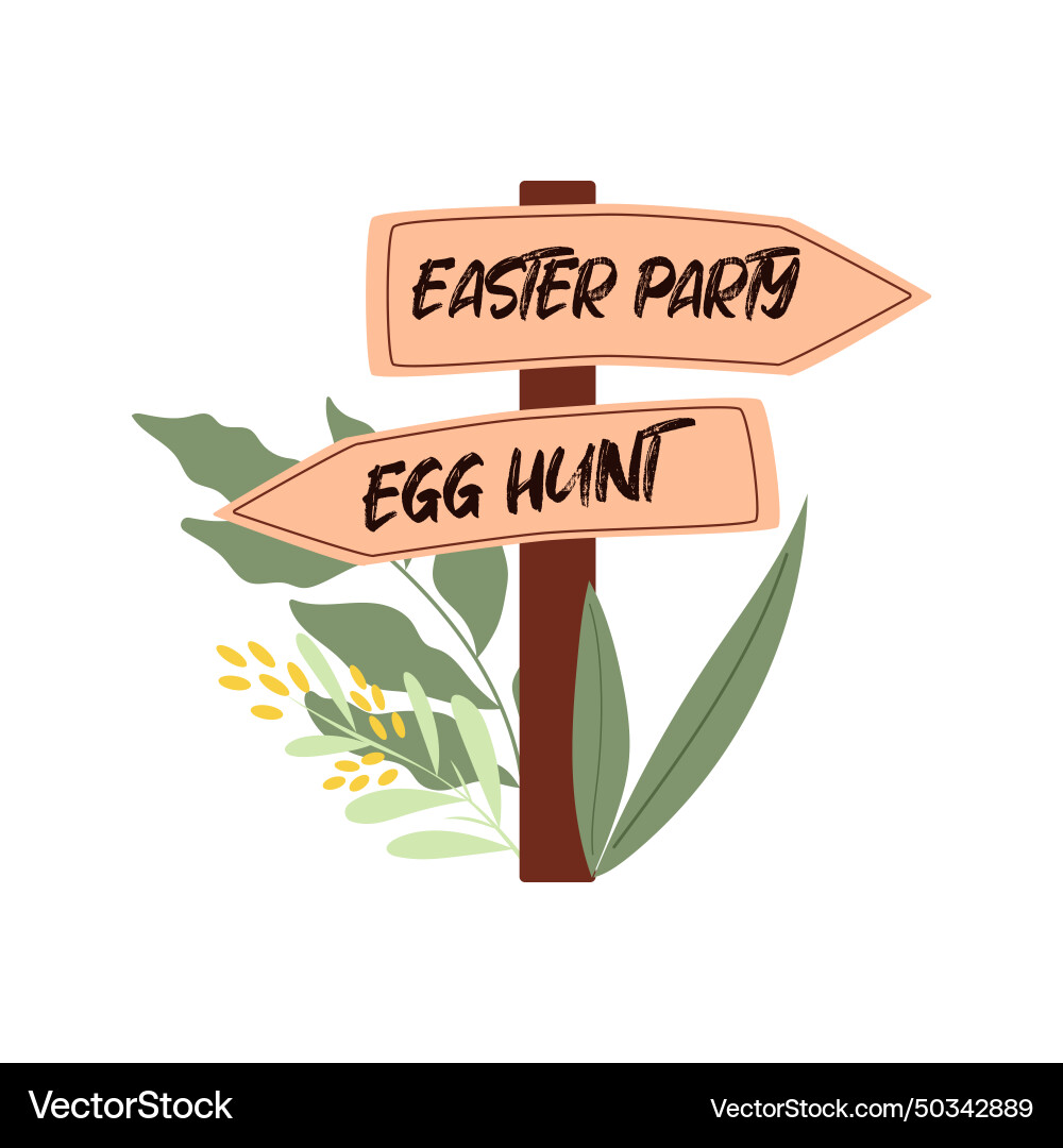 Direction sign egg hunt easter party with flowers Vector Image