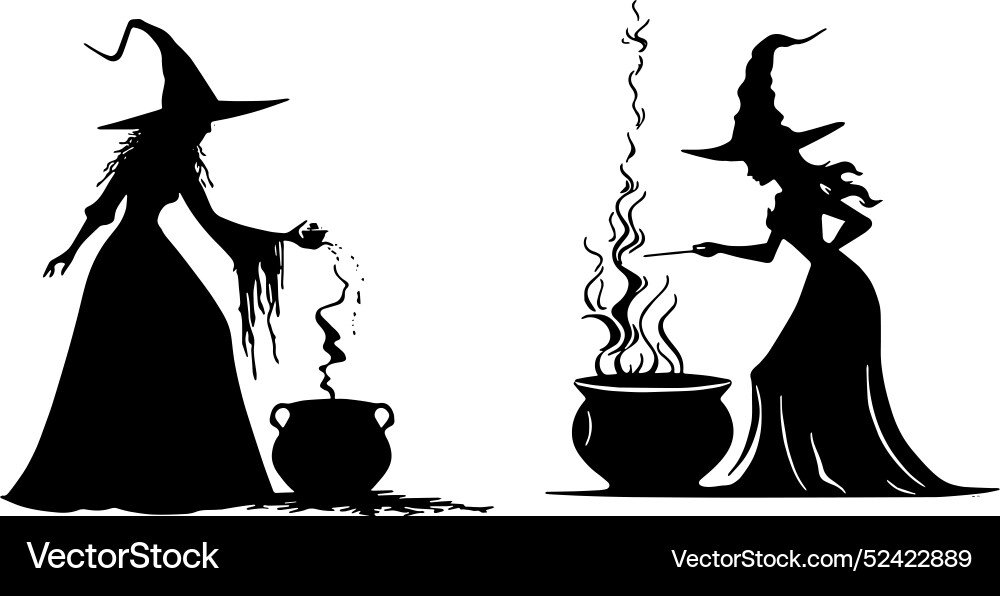 Silhouette of witches with cauldrons Royalty Free Vector