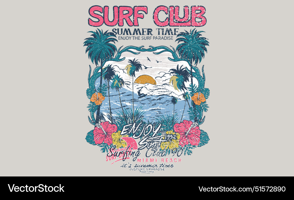 Miami beach surfing club design Royalty Free Vector Image