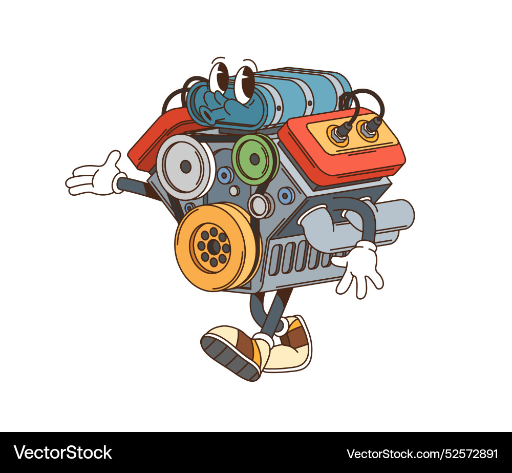 Retro groovy car engine cartoon character Vector Image