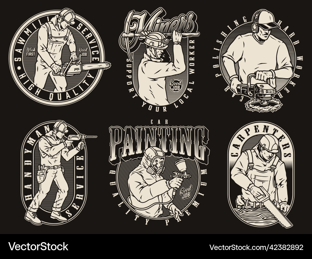 Employees monochrome vintage labels set Royalty Free Vector