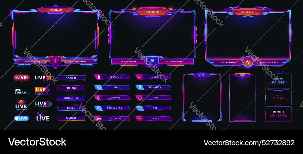 Neon overlay game screen panel interface frames Vector Image