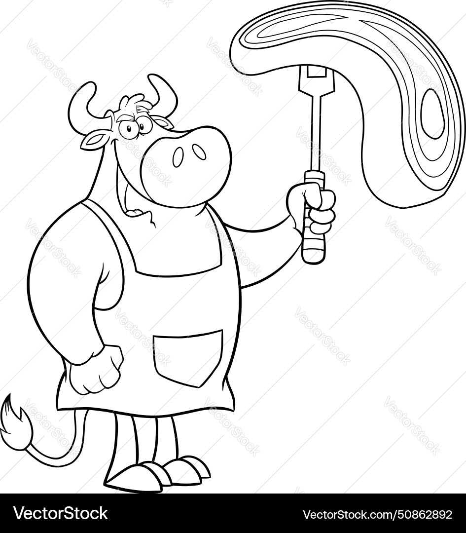 Outlined bull chef cartoon mascot character Vector Image