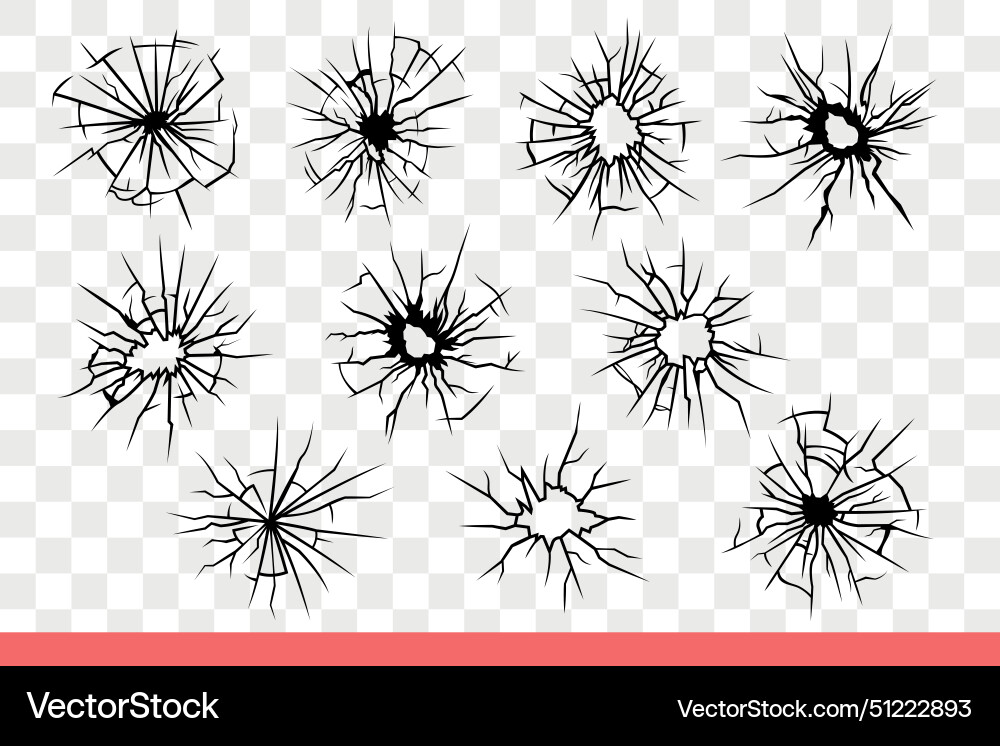 Bullet holes in broken glass with cracks radiating