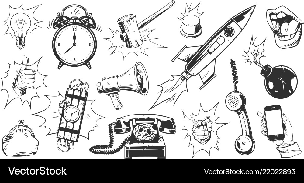 Comic monochrome elements set Royalty Free Vector Image
