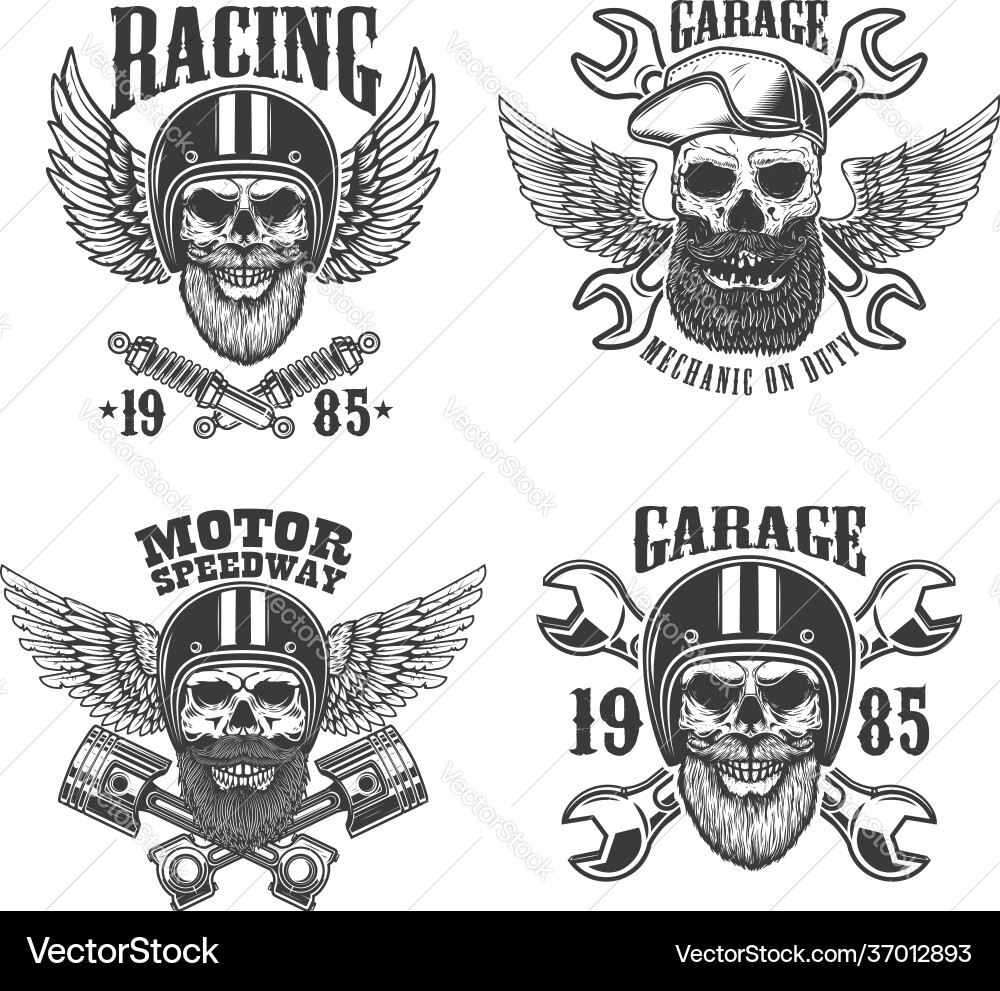 Set emblems with bearded skull in racer Royalty Free Vector
