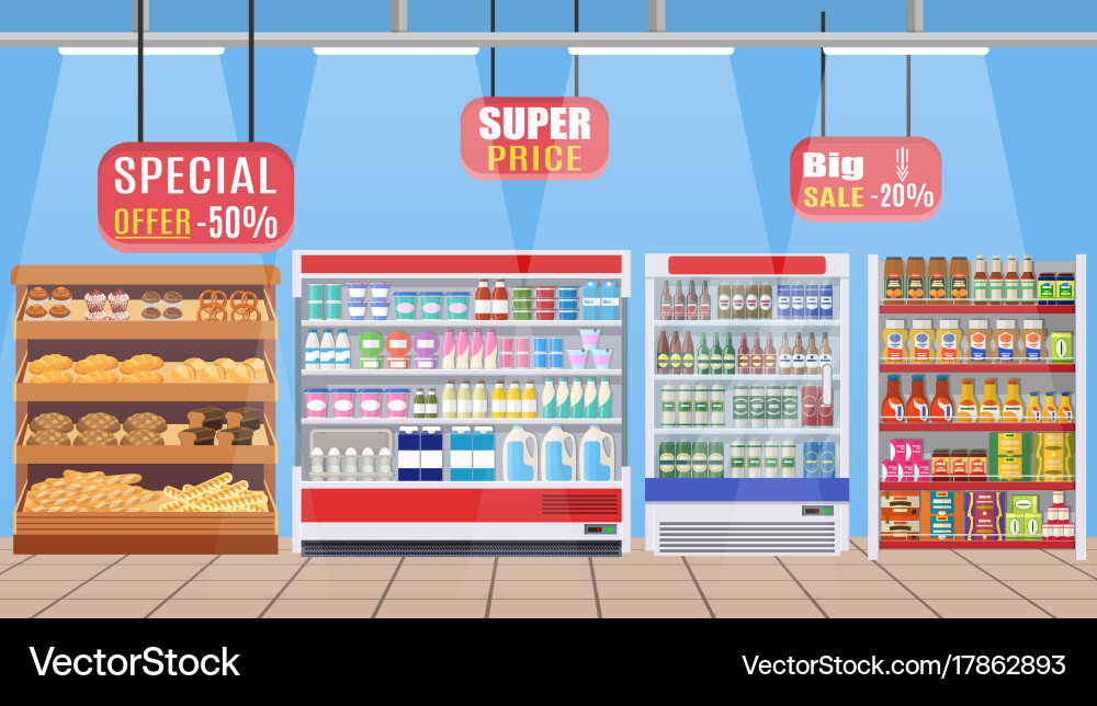 Supermarket Interior - Shopping Goods Royalty Free Vector