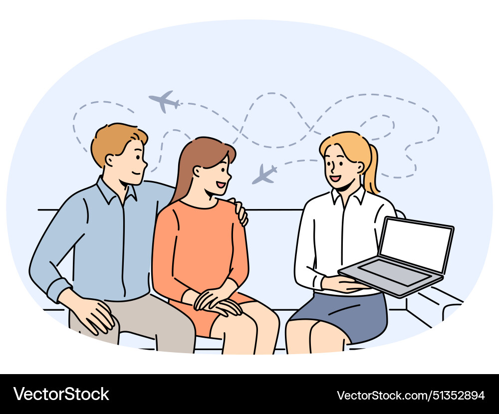 Tour operator showing offer on laptop to clients Vector Image