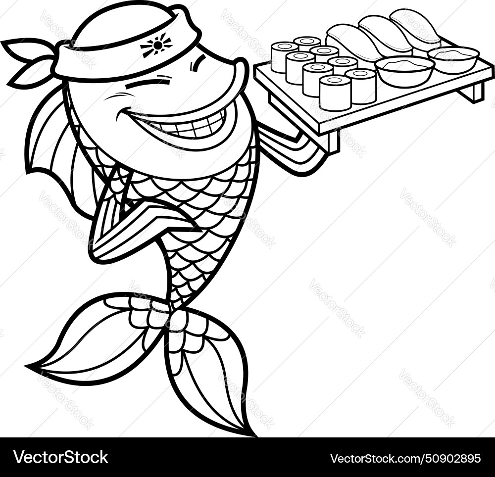 Outlined fish sushi chef cartoon character Vector Image