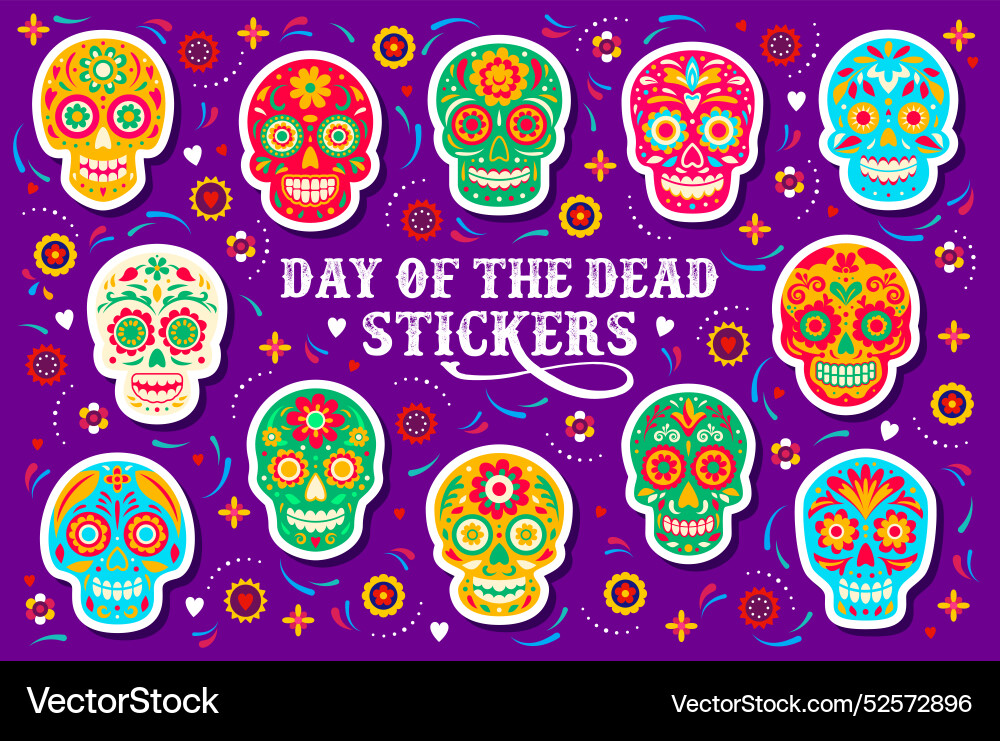 Mexican calavera sugar skulls stickers set Vector Image