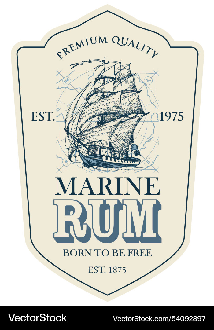 Label with marine rum and sailing ship Royalty Free Vector