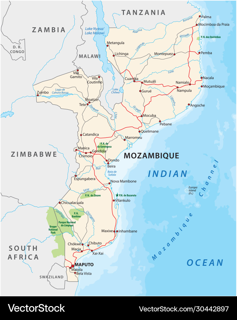 Mozambique Road & National Park Map Royalty Free Vector